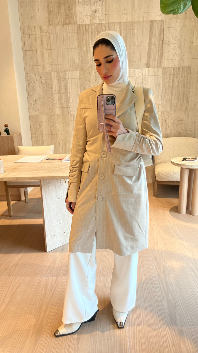 The Ruched Pinstripe Blazer – JF Scarves